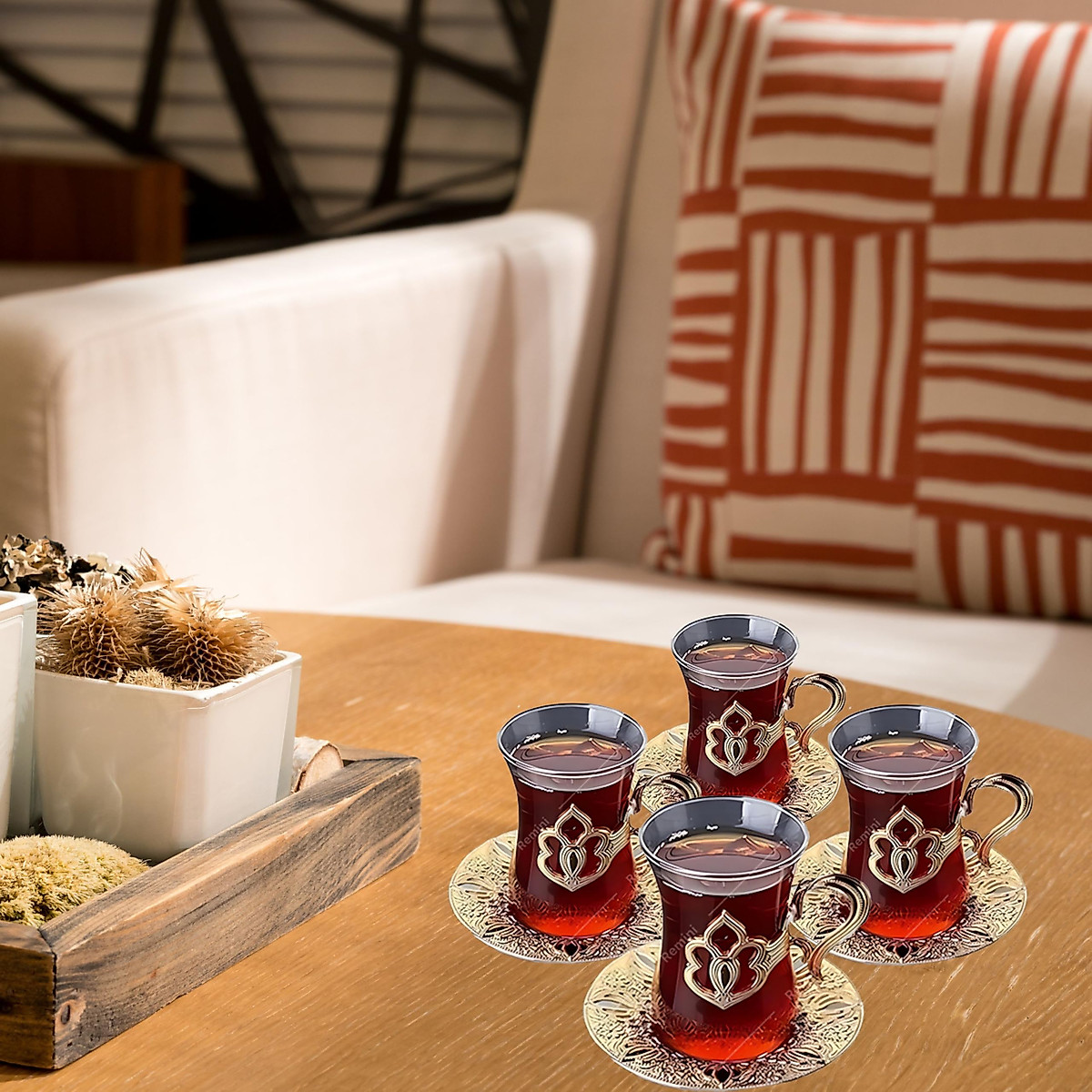 LaModaHome Vintage Handmade Turkish Tea Glasses with Saucer and Holders, Ottoman and Arabic Cups Set of 6 for Serving Guests, Teatime, Dinner, Housewarming Gifts, Events, Parties, Tableware - Gold