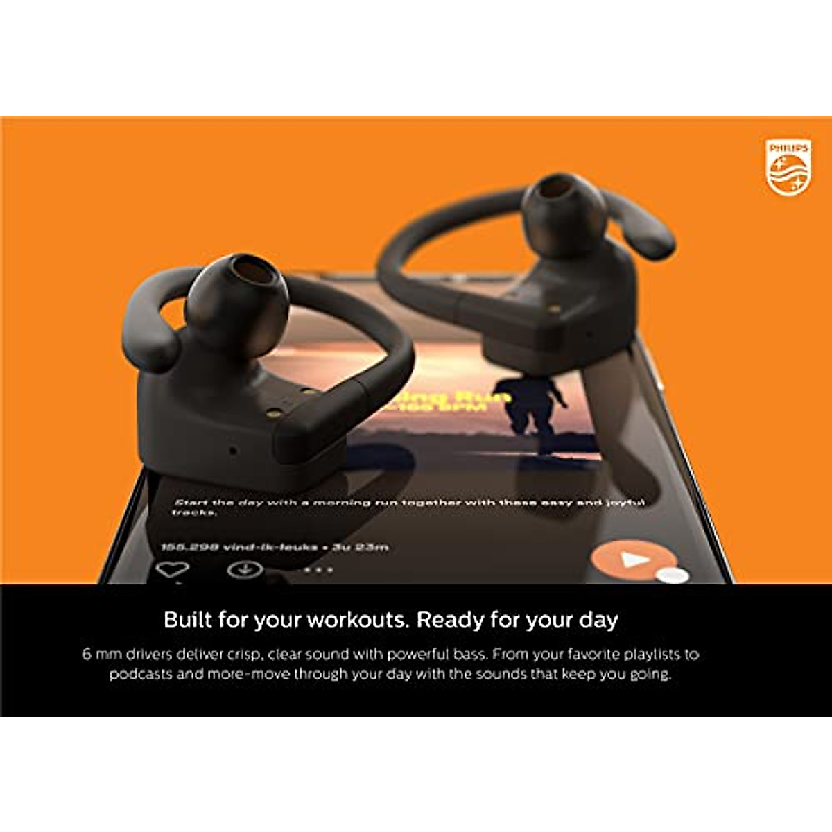 Philips A5205 Wireless Sports Earbuds, IPX7 Waterproof, in-Ear True Wireless Bluetooth 5.1 Headphones, USB-C Charging, Detachable earhooks, Up to 20 Hours of Playtime, TAA5205BK