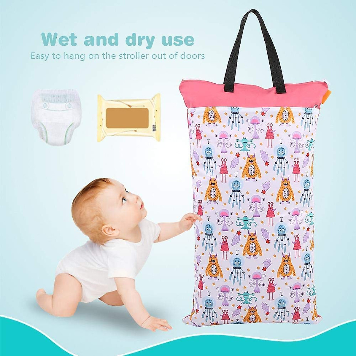 Yosooo Large Hanging Wet/Dry Pail Bag for Cloth Diaper,Inserts,Nappy, Laundry With Two Zippered Waterproof,Reusable(EF207)