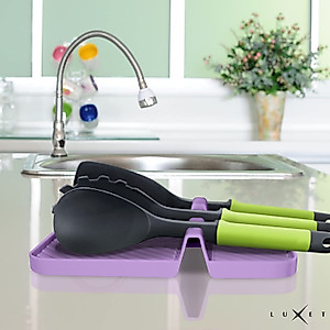 Luxet Updated Spoon Rest for Kitchen Counter, Heat-Resistant Silicone Utensil Rest for Countertop with Drip Pad,Non-Slip Spoon Holder for Stove Top Kitchen and Grill Utensil Holder Lid (Purple)
