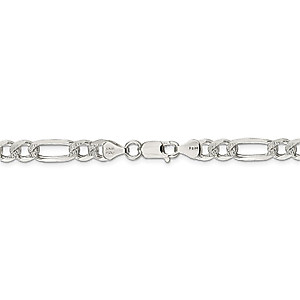 Solid 925 Sterling Silver 7mm Pave Flat Figaro Chain Necklace - with Secure Lobster Lock Clasp 20"