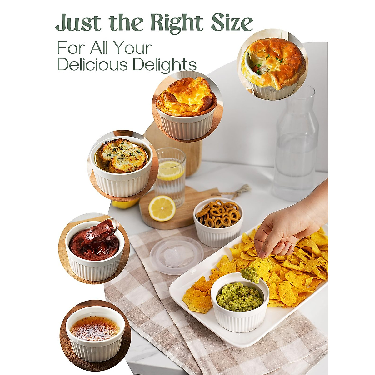 DOWAN Ramekins 8 oz Oven Safe with Lids, Creme brulee Ramekins Bowls with Covers, Porcelain White Ramekins Souffle Dishes for Baking, Stackable, Set of 6