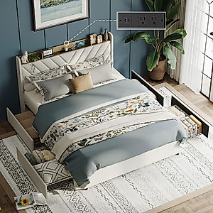 DIYSET Queen Bed Frame with Charging Station Headboard, Upholstered Platform Bed Strong Wooden Slats Support, with 4 Storage Drawers, Noise-Free, No Box Spring Needed, Easy Assembly, Beige
