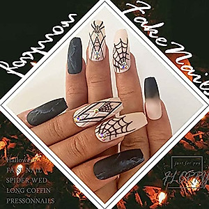 Florry Extra Long Coffin Press on Nails Halloween Fake Nails Black Matte Acrylic Nail for Women and Girls 24Pcs (Spider web)