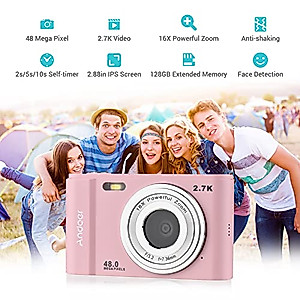 Andoer Portable Digital Camera 48MP 2.7K 2.88-inch IPS Screen 16X Zoom Auto Focus Self-Timer 128GB Extended Memory Face Detection Anti-Shaking with 2pcs Batteries Hand Strap Carry Pouch