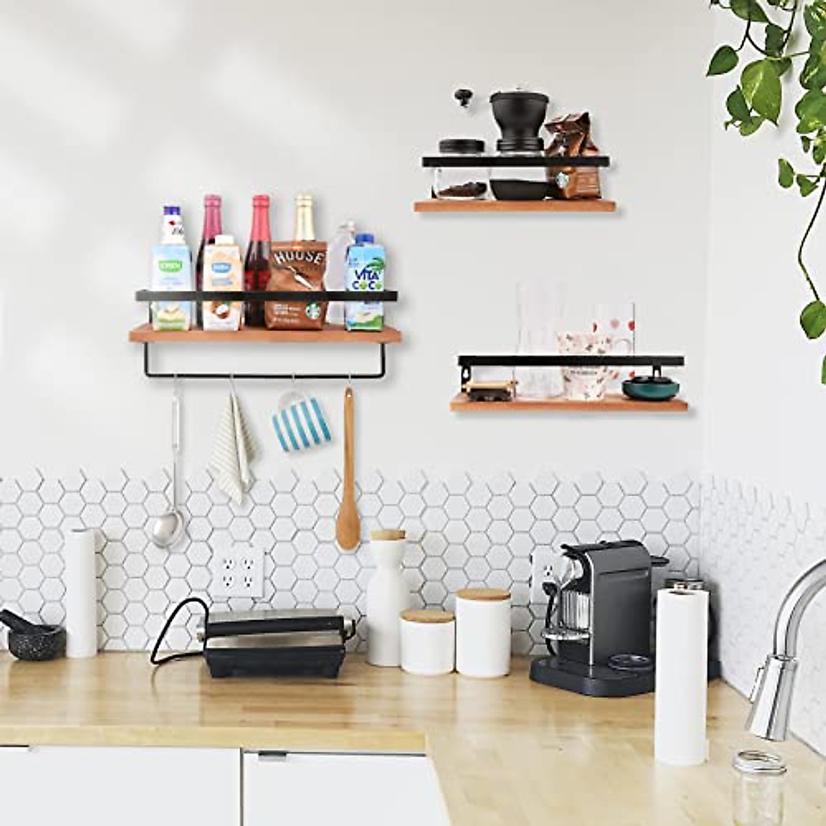 WONFUY Floating Shelves Set of 3, Wall-Mounted Display Storage Ledge Rack Wall Shelf, Rustic Wood Decor Wall Mounted Shelves with Metal Frame for Entry Living Room, Bedroom, Kitchen, Office