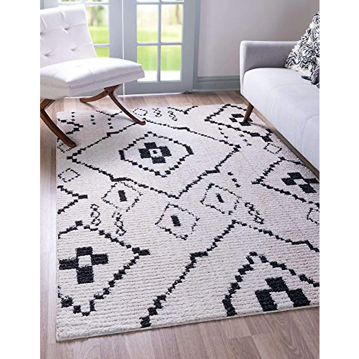 Unique Loom Morocco Collection Tribal, Southwestern, Bohemian Area Rug, 5' 0" x 8' 0", Ivory/Black