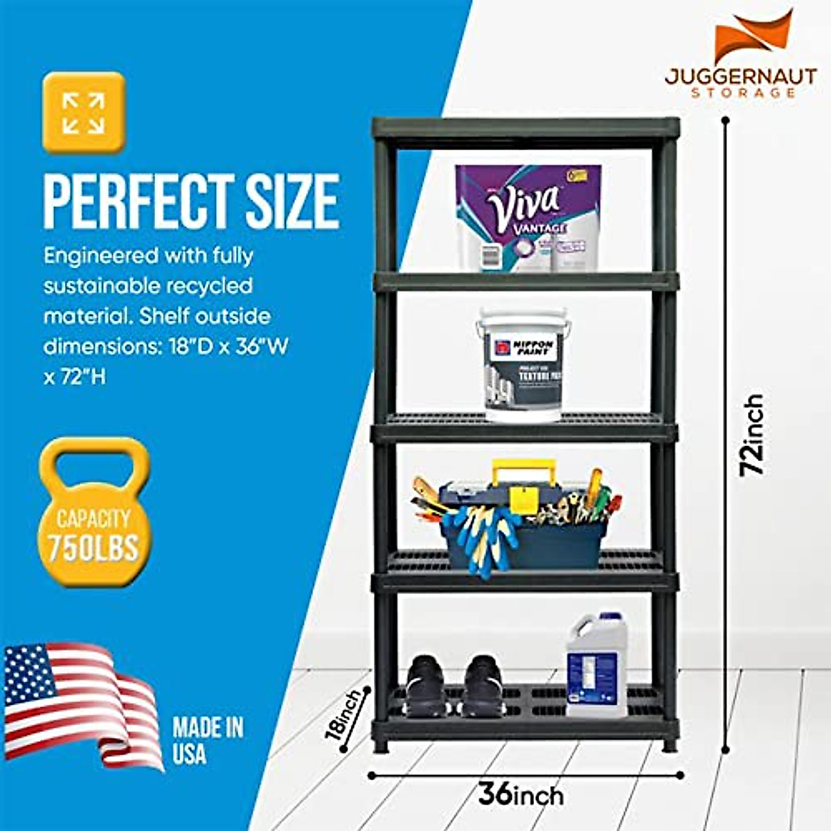 Juggernaut Storage RS3618-5BLKAMZ 36"W x 18"D x 72"H 5-Shelf Resin Shelving, 600 lb Capacity Black