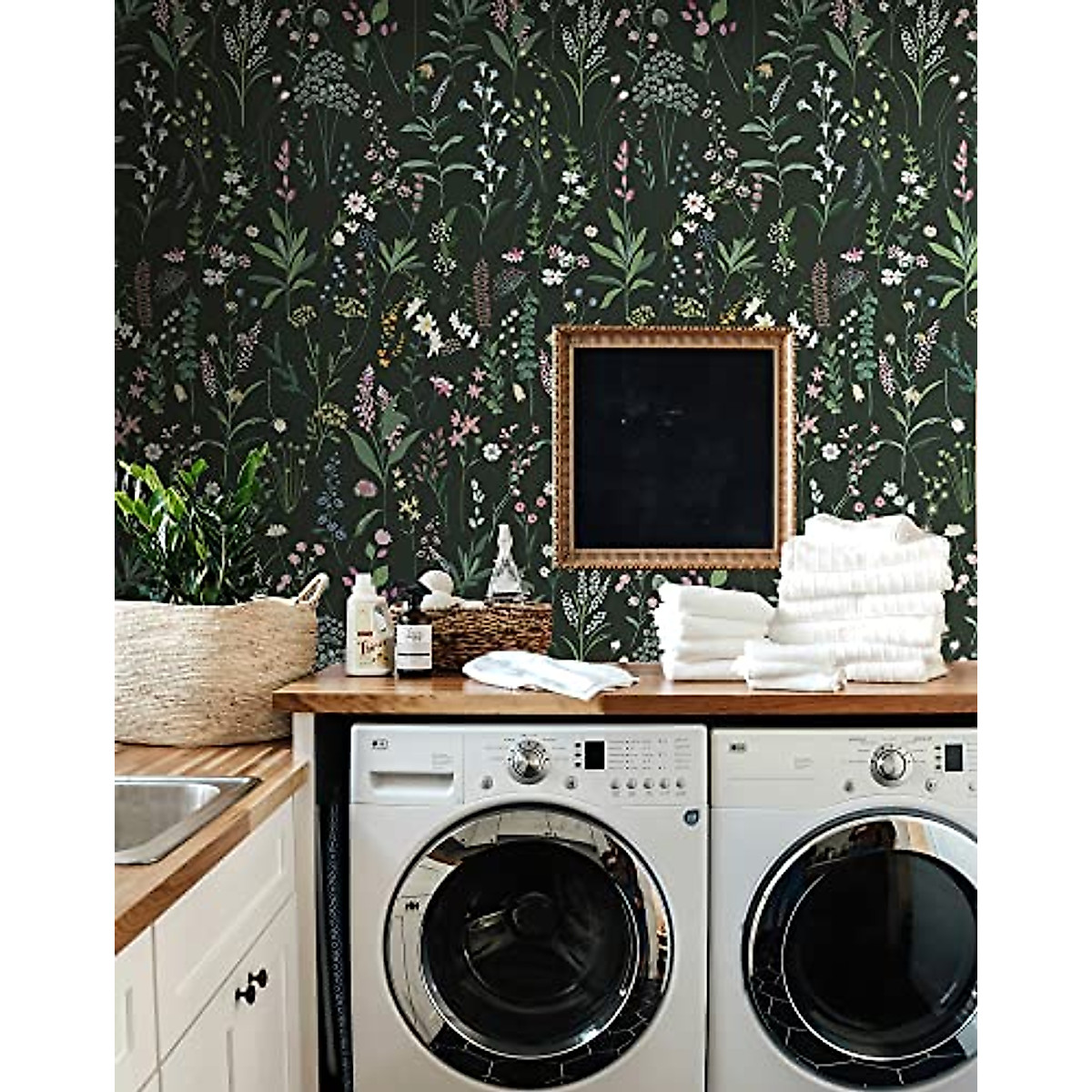 JiffDiff Floral Wallpaper Peel and Stick Farm Floral 236.22" x 17.32" Wildwood Wallpaper Dark Wallpaper Self Adhesive Wallpaper Coverage 30 sq.ft