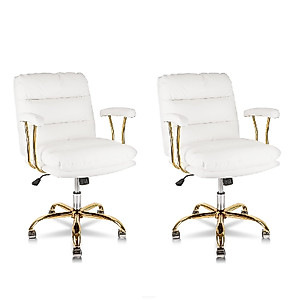 KLASIKA 2 Pack Ergonomic Office Desk Chair for Heavy People with Wheels and Arms, Faux Leather Computer Chair for Home Bedroom Office, White Chair Gold Caster