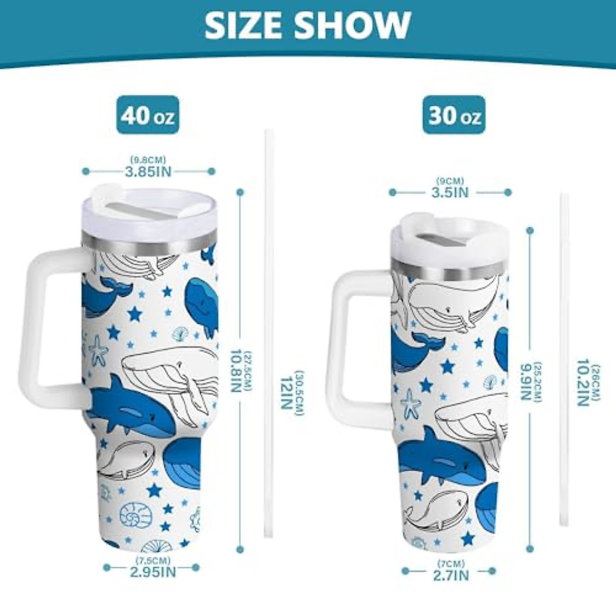 DIGTIA Stainless Steel Insulated Tumbler w/Handle & Straw, Blue White Whales Double Wall Vacuum Travel Coffee Mug Cup w/Lid, Leak-Proof Sports Ocean Water Bottle,30oz