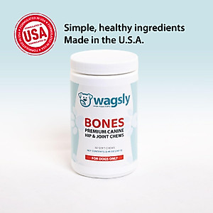 Wagsly Bones Hip & Joint Supplement for Dogs - Glucosamine, MSM, Green-Lipped Mussel - Arthritis Relief & Mobility Support - Vitamin C Immune Boost - Natural Duck Flavor - 60 Count