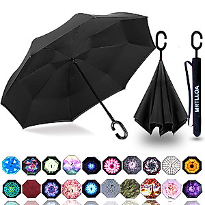 MRTLLOA Windproof Inverted Reverse Umbrella with UV Protection, C-Shaped Handle Double Layer Stick Umbrella for Rain (Black)