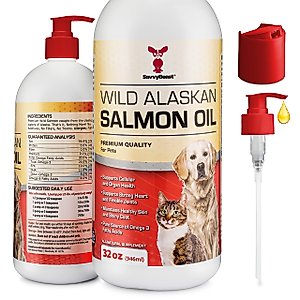 Pure Wild Alaskan Salmon Oil for Dogs, Cats, Ferrets - 32 oz Liquid Omega 3 Fish Oil, Pump on Food - Unscented All Natural Supplement for Skin and Coat, Joints, Heart, Brain, Allergy, Weight, Immune