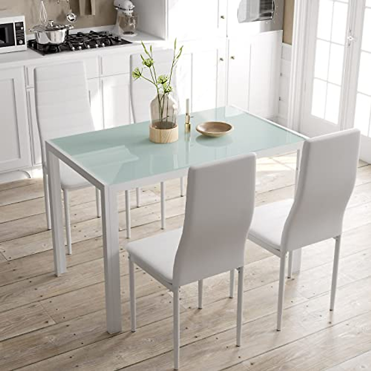 BAHOM 5 Piece Kitchen Dining Table Set for 4, Glass Dining Table and 4 Chairs PU Leather for Breakfast (White)