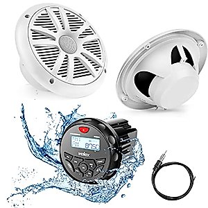 UTVpro Marine Audio System Stereo Speaker Package, Bluetooth, MP3 USB AM FM Marine Stereo - 2 x 6.5 Inch White Speakers, Antenna