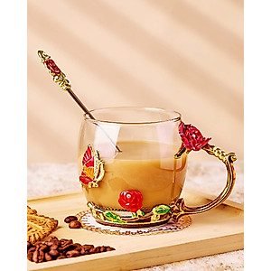 ColoVie Glass Tea Cups Set with Spoon, Coaster- 3D Red Flower Butterfly Coffee Mugs- Lead-Free Glass Coffee Cups- Best Birthday Gifts for Her, Women, Mom- Enamels Mug- Mothers Day Gifts from Daughter