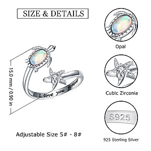 925-Sterling-Silver Opal Turtle Ring for Women - Adjustable Sea Turtle Starfish Ring Ocan Animal Ring Turtle Jewelry Christmas Birthday Gift for Daughter Wife