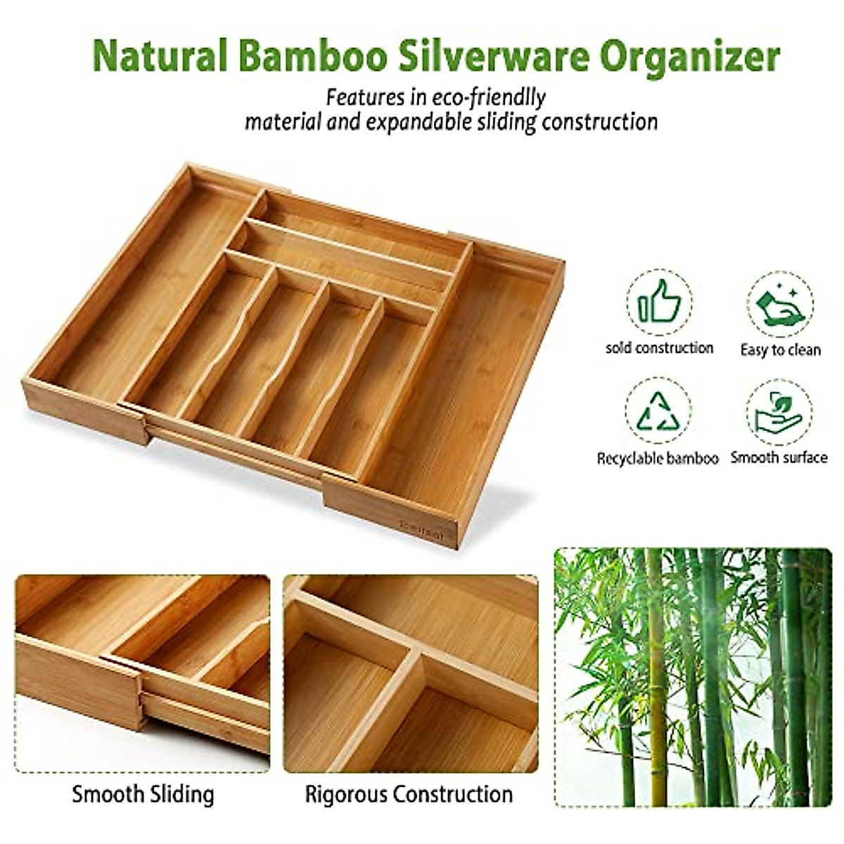 Bellsal Large Kitchen Drawer Organizer 22 In Wide Silverware Organizer Expandable Bamboo Utensil Organizer Silverware Tray for Large Cutlery 8 Slots