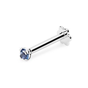 Demira Jewels 2.20mm Solitaire Real Blue Sapphire Solid 14K White Gold Nose Pin, Lip Labret, Monroe Ring Stud Screw - 16 Gauge, 8mm Long Post.