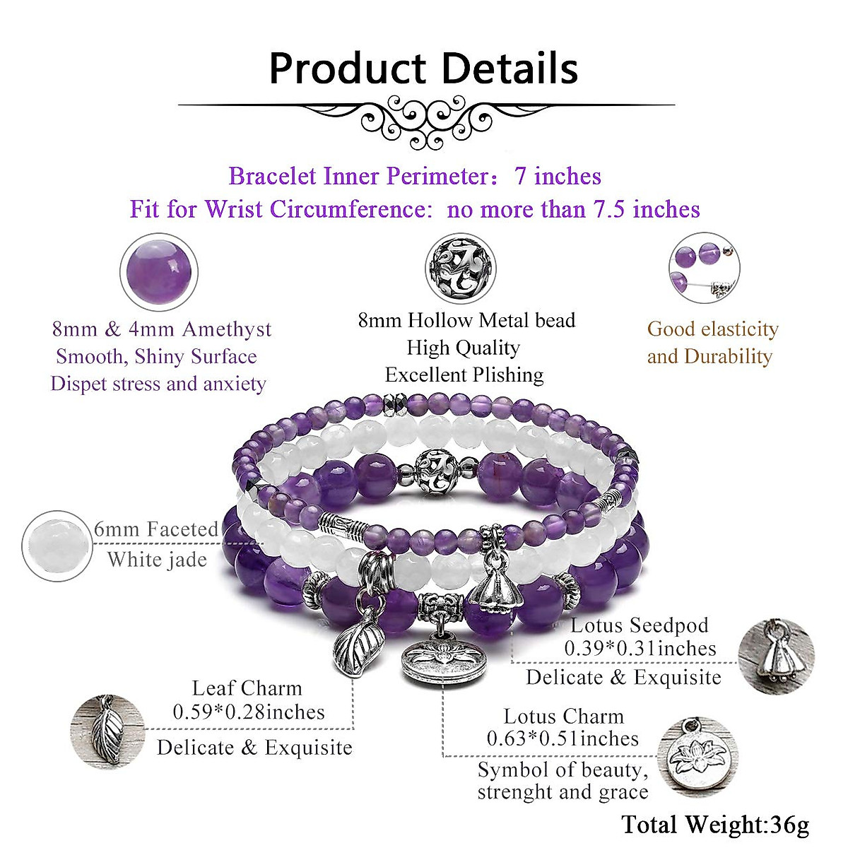 PESOENTH Healing Crystal Bracelets for Women Natural Gemstone Healing Stone Beaded Stretch Bracelet Purple Amethyst Jewelry Gifts