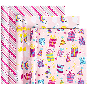WRAPAHOLIC Birthday Wrapping Paper Roll - Mini Roll - 3 Rolls - 17 Inch X 120 Inch Per Roll - Pink Rainbow, Birthday Gift Boxes, Stripes for Kid's Birthday, Baby Shower
