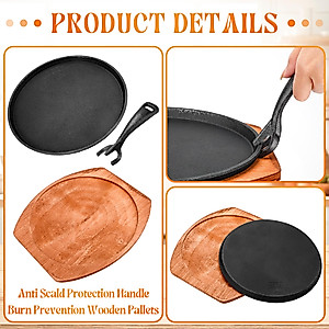 Mimorou 4 Sets Cast Iron Fajita Plate Set 9.84'' Steak Plate Sizzling Pan with Wooden Base and Gripper for Home Restaurant Kitchen Catering Cooking for Grilling Meats Seafood