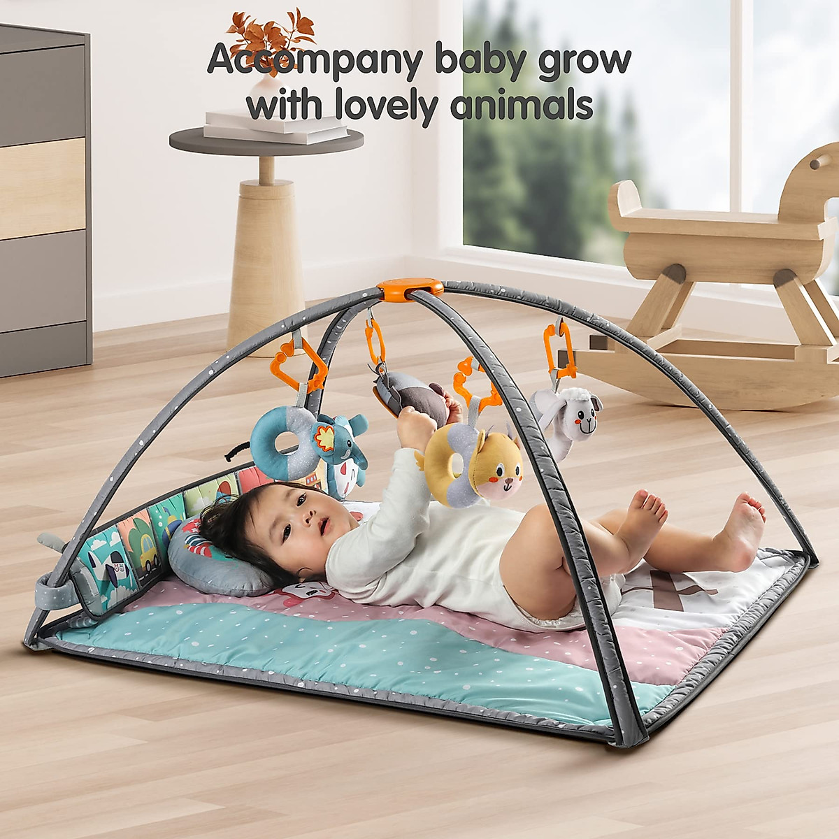 TUMAMA Baby Gym,Playmats with Removable Hanging Toys and Plush Tummy Time Pillow,High Contrast Baby Activity Mat