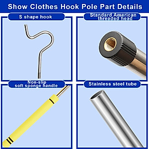 Frebuta Clothes Hook Pole, 51In Closet Reacher Pole Stainless Steel Garment Hook Pole S Hook For Plants Hang Light Rod Soft Sponge Handle Studiness& Durability Lightweight (Yellow Black)