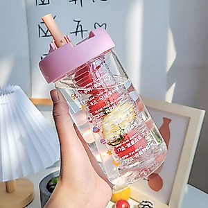 JZSMY Transparent Grass Water Bottle with Straw, 500ml Flower Tea Cup Milk Juice Cute Water Bottle Glass Water Bottles Portable Water Cup Creative Handy Cup Kawaii Bottles (Pink)