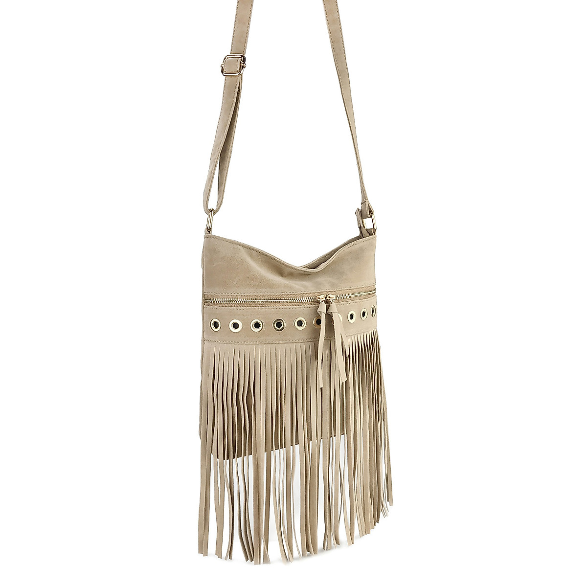 HOXIS Studded Tassel Zipper Pocket Faux Suede Leather Cross Body Bag Womens Purse (Brown)