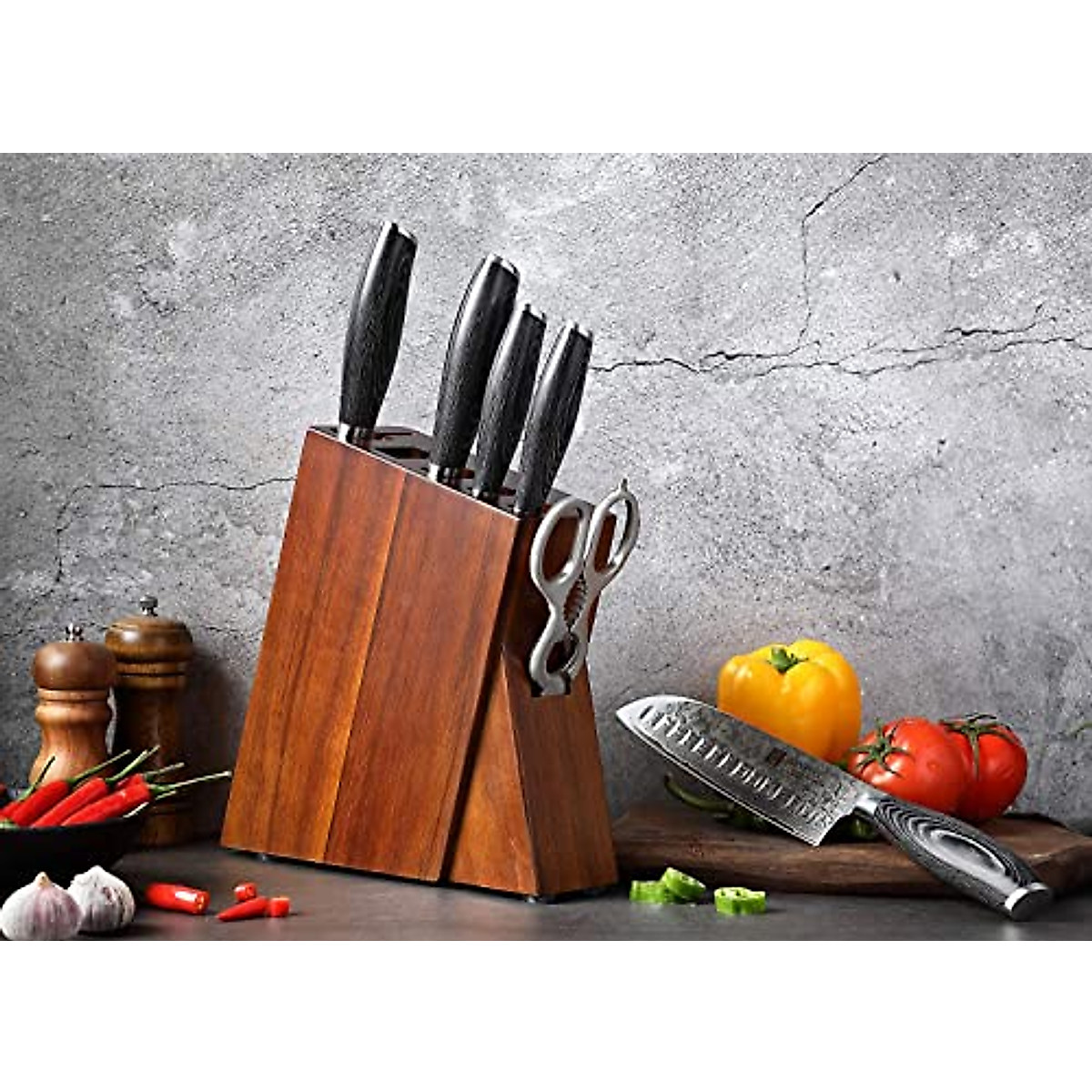 XINZUO 7PC Damascus steel Knife Block Sets, Professional High Carbon Steel Chef Knife Santoku Slicing Utility Fruit Knife with Multifunctional Kitchen Shears,Ergonomic Pakkawood Handle - Ya Series