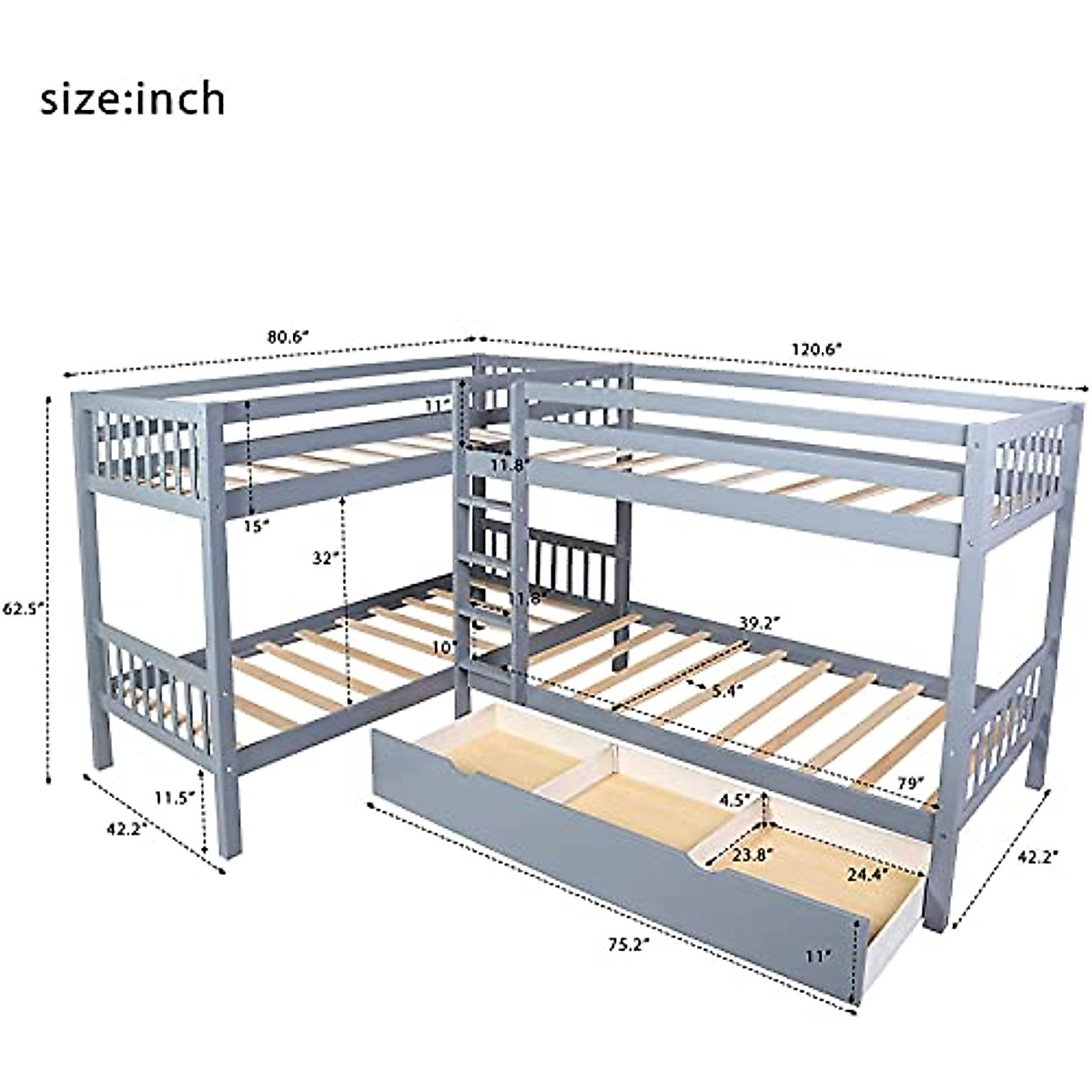 ATH-S Wood Triple Bunk Bed Full Over Twin &Twin Bunk Beds for 3, Wooden Triple Beds Frame with Drawers and Guardrails for Teens, Adults, No Box Spring Needed (White/Grey) (Color : Gray)