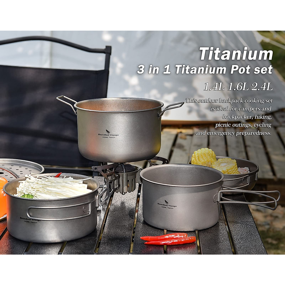 Boundless Voyage Titanium Pot Portable Camping Cookware Lightweight Cooking Pot Set for Outdoor Cooking Traveling Backpacking Hiking Trekking Picnic (3 Pcs Set)