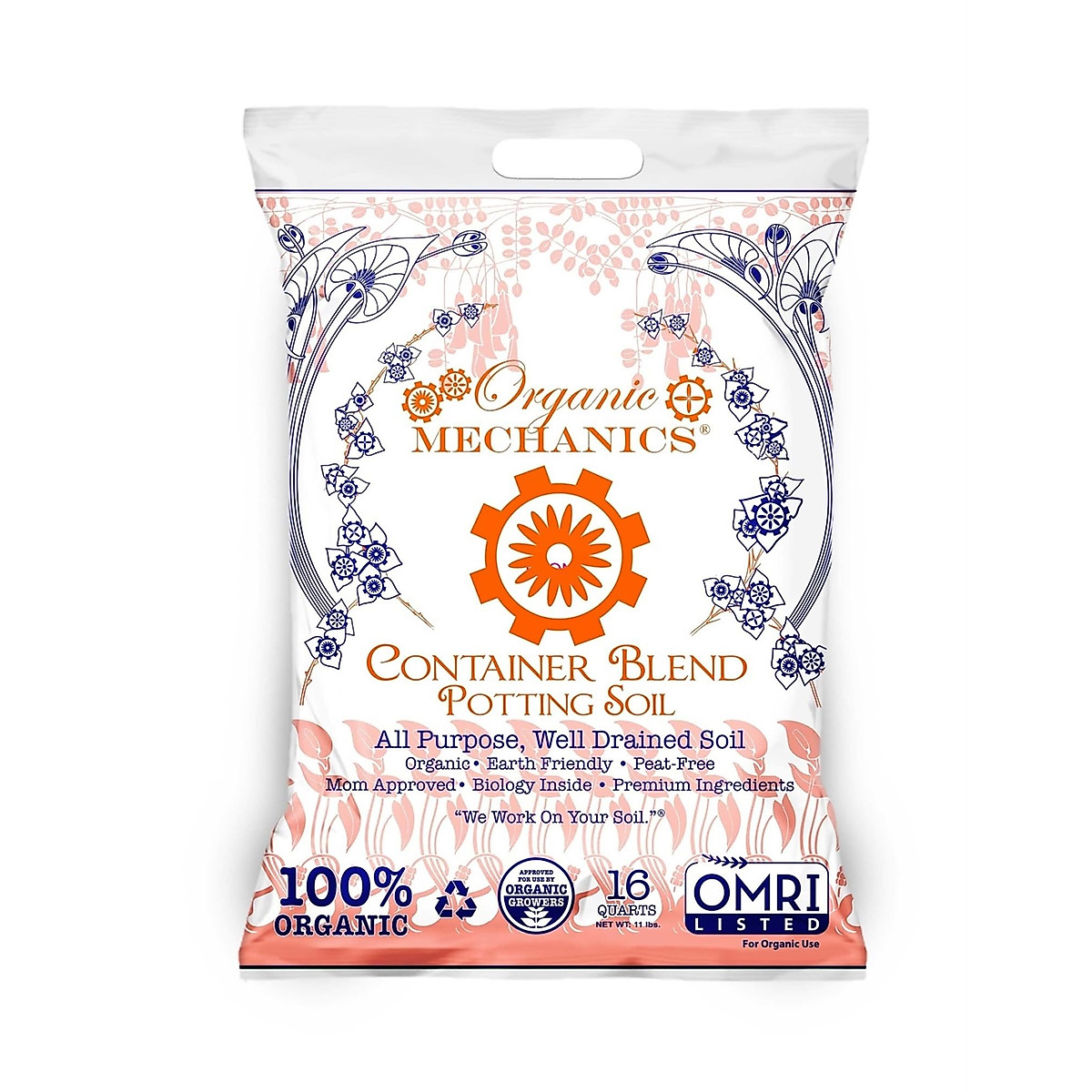 Organic Mechanics Container Blend Potting Soil, 16 Quarts – with Compost, Aged Pine Bark, Coir, Rice Hulls, and Worm Castings for Growing Annuals & Outdoor Containers - Peat-Free & Eco-Friendly