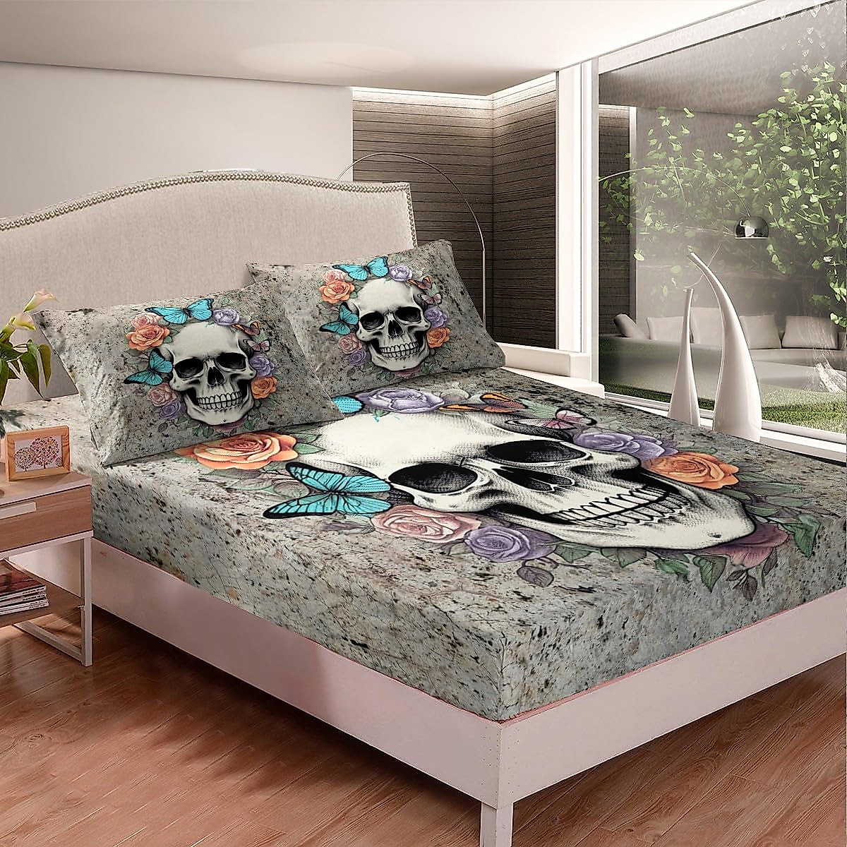 Feelyou Skull Fitted Sheet Full Size Flower Bedding Set for Boys Girls Teens Butterfly Bed Sheet Set Grey Bed Cover Room Decor