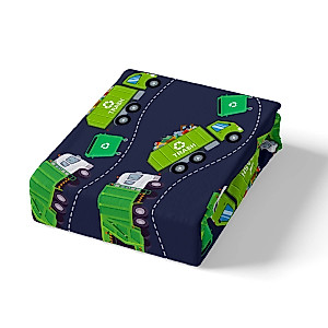 Garbage Trucks Fitted Sheet Twin Size Kids Cartoon Car Bedding Set for Boys Teens Rubbish Car Bed Sheet Set Breathable Vehicles Blue Green Bed Cover Room Decor