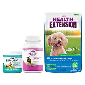 Health Extension Dog Health and Nutrition Bundle - Multivitamin (30 Tablets), Little Bites Dry Dog Food Chicken & Brown Rice Recipe (4 Lbs), Joint & Hip Supplement Cheese Flavored Powder (16oz)