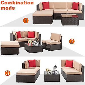 Vongrasig 5 Pieces Small Patio Furniture Sets, All-Weather PE Wicker Rattan Outdoor Couch Sectional Patio Conversation Set Outdoor Furniture Patio Seating w/Ottoman, Glass Table&Beige Cushion (Brown)