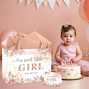 Baby Shower Paper Bag, Pink Floral Sweet Baby Girl Gift Bag with Tissue Paper and Card Boho Dried Flowers Wrap Bag with Handle for Baby Shower Birthday Gender Reveal Party Favors Decorations Supplies