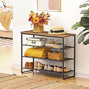 HOOBRO 4 Tier Shoe Rack, Shoe Storage Organizer, Shoe Shelf with 3 Mesh Shelves, Hold 12-15 Pairs of Shoes, Wood Look Accent Furniture with Metal Frame, for Entryway, Living Room, Hallway BF64XJ01