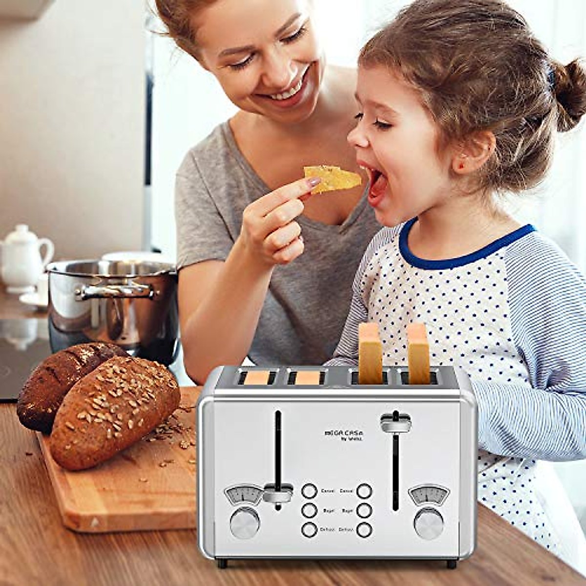 Toaster 4 slice,whall Stainless Steel Toaster 6 Bread Shade Settings,Bagel/Defrost/Cancel Function with Dual Control Panels,Removable Crumb Tray,Extra Wide Slots,for Various Bread Types 1500W