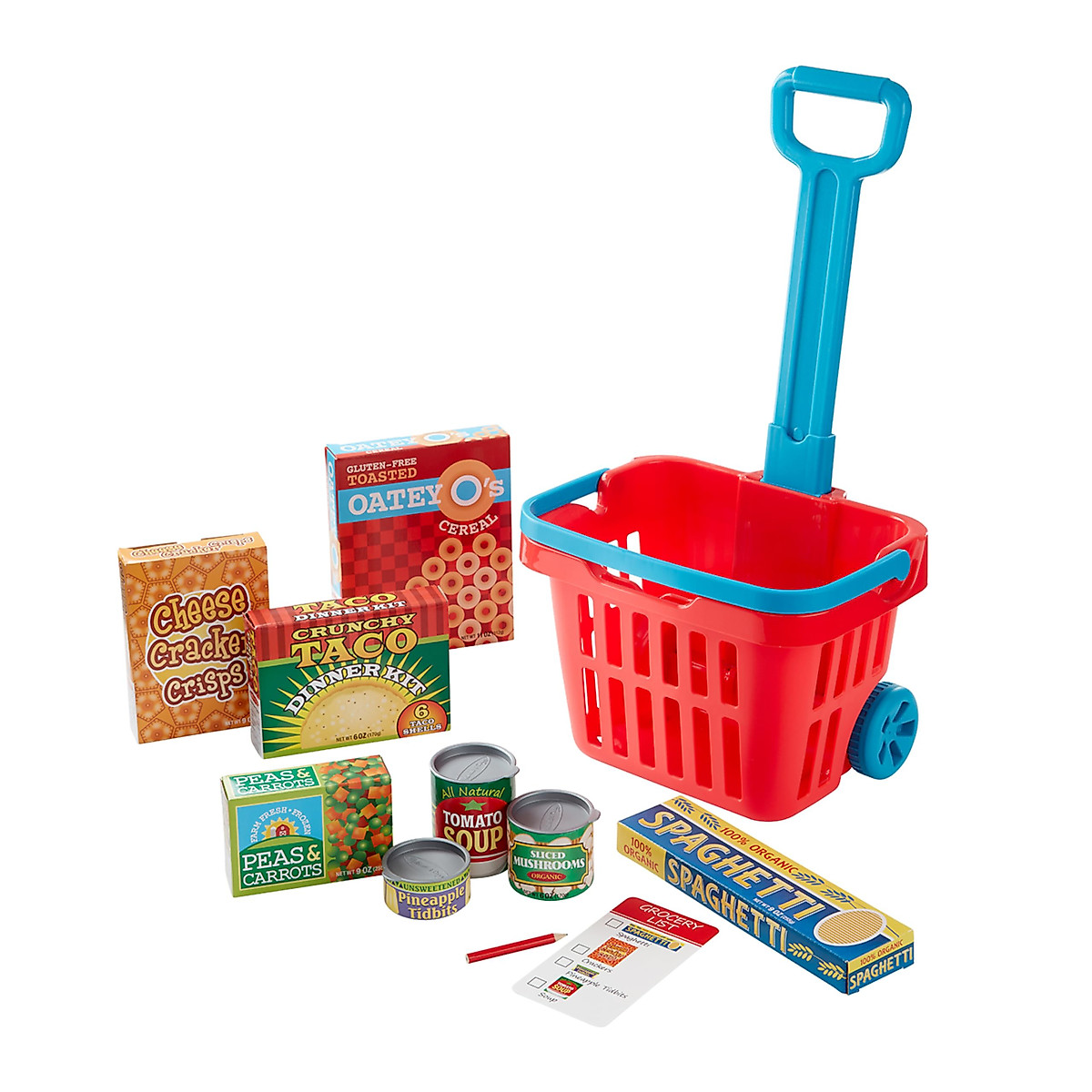 Melissa & Doug Fill and Roll Grocery Basket Play Set With Play Food Boxes and Cans (11 pcs), Frustration-Free Packaging)