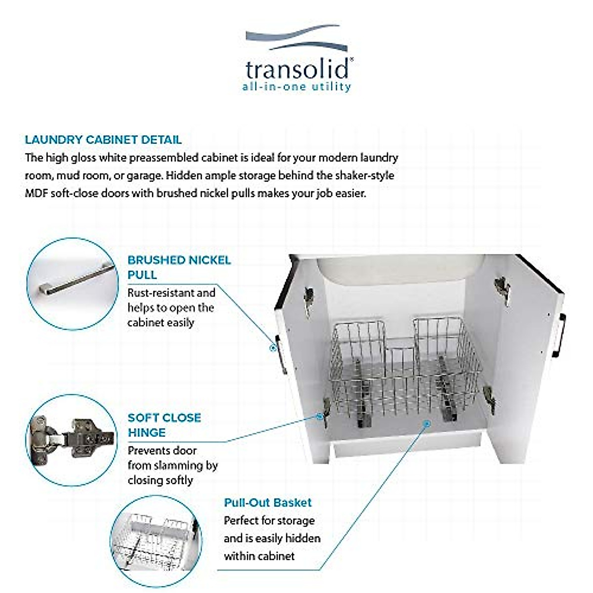 Transolid TCAB-2420-WS 24-in Laundry Cabinet Sink, Stainless Steel High Arc Faucet, and Basket, White