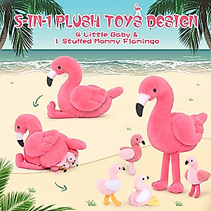 MorisMos Plush Flamingo Stuffed Animal-18 Inch Mommy Stuffed Flamingo with 4 Baby Flamingo Plush Toys Inside Zipper Tummy, Pink Flamingo Toy Gift for Girl Women Decor Birthday Christmas Valentines