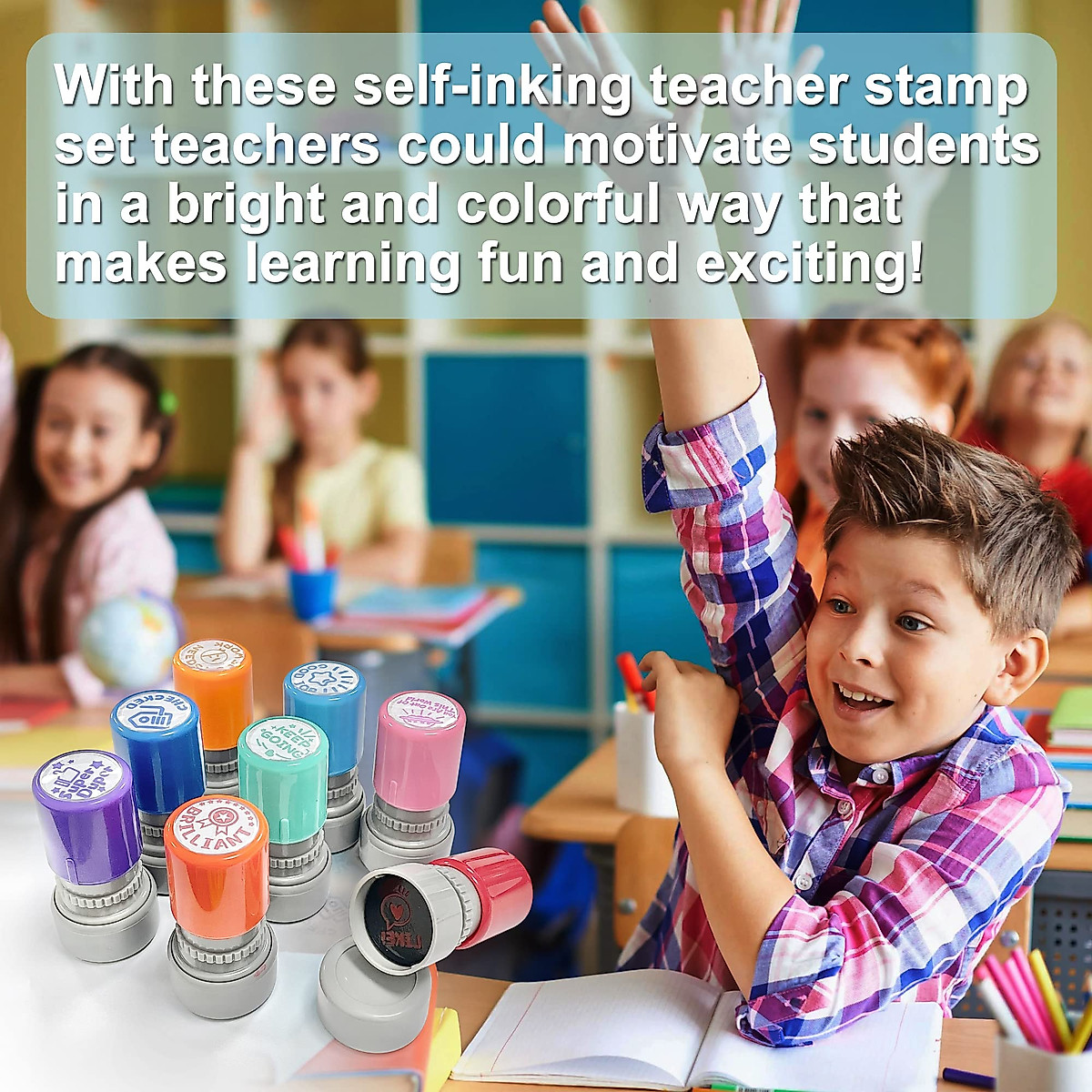 Round Teacher Stamps for Grading Classroom, Set of 8 Color Rubber Teacher Self-Inking Stamp Set for Homework Teacher Supplies