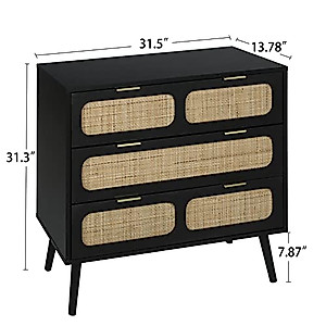 QEIUZON 3 Drawer Dresser, Modern Rattan Dresser Chest with Wide Drawers and Metal Handles, Farmhouse Wood Storage Chest of Drawers for Bedroom, Living Room, Hallway, Entryway (Black-2 Packs)