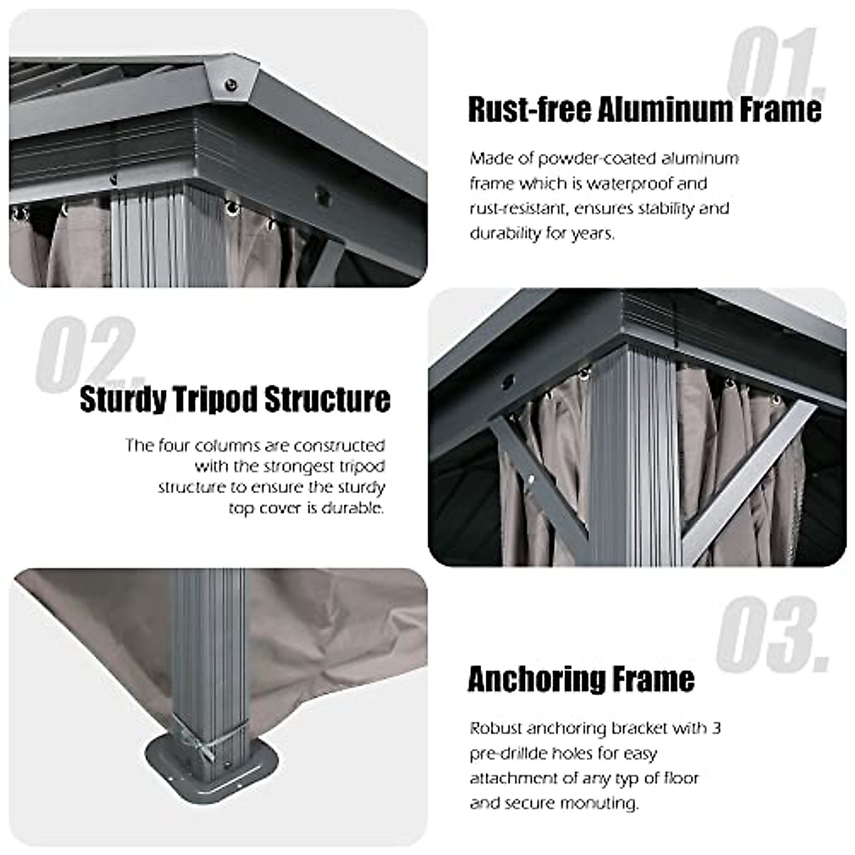 10' x 10' Hardtop Gazebo, Heavy-Duty Hardtop Non-Rust Aluminum Permanent Pergola Shelter Tent with Galvanized Steel Canopy Roof, Mosquito Netting and Privacy Curtain (Gray)