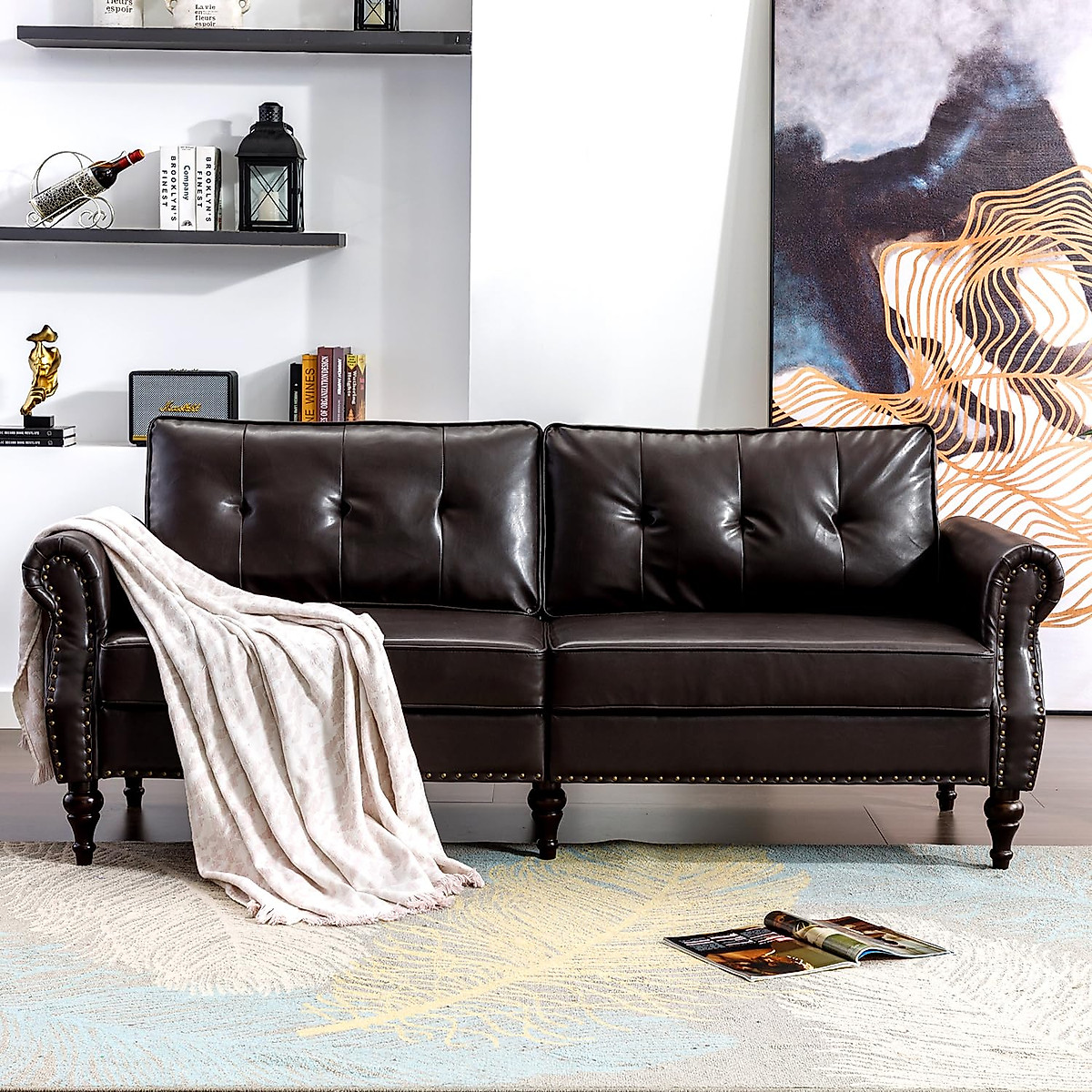 DIFY 80” Leather Faux Loveseat Sofa, Mid-Century Modern Couch with Soft Cushion and Firm Structure, Perfect Furniture for Living Room, Bedroom, Small Space.(Black)