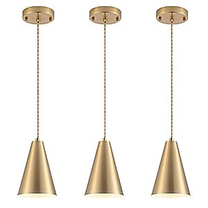 Gold Pendant Lights Kitchen Island,Dining Room Light Fixtures Over Table 3 Pack with Brushed Brass Cone Metal Shade, Modern Farmhouse Mini Chandeliers,Adjustable Cord Hanging Lighting for Bar,Sink
